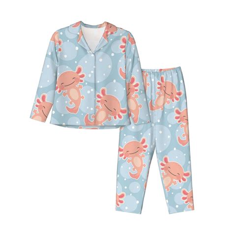 2 Piece Womens Pajama Sets Kawaii Axolotl Cartoon Blue Soft Sleepwear