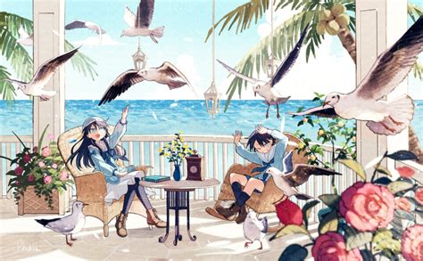 Safebooru 2girls Analog Clock Bird Blue Eyes Book Boots Brown