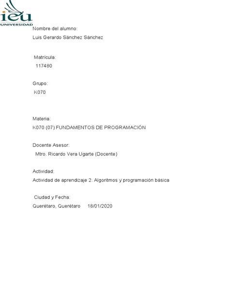 Actividad De Aprendizaje 2 Algoritmos Y Programación Básica Pdf Algoritmos Multiplicación