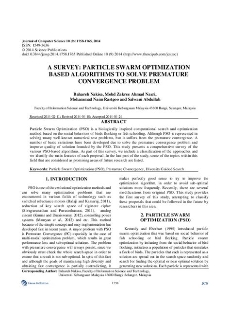 Pdf A Survey Particle Swarm Optimization Based Algorithms To Solve