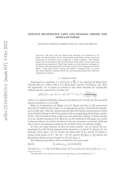 Pdf Explicit Reciprocity Laws And Iwasawa Theory For Modular Forms