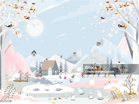 새해에 야외 활동을 즐기는 사람들과 밤에 겨울 풍경 축하 사람들과 함께 크리스마스 휴일에 벡터 도시 풍경 아이스 스케이트를 타는 북극곰 십대 스키 크리스마스에 대한 스톡