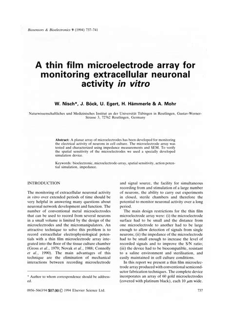 Pdf A Thin Film Microelectrode Array For Monitoring Extracellular
