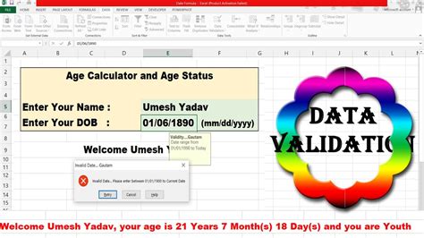 Age Calculator Age Status Data Validation Datedif And If Formula