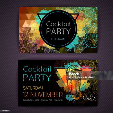 예술적인 다각형 수채화 배경에 칵테일 롱 아일랜드 아이스 티 칵테일 디스코 파티 포스터 과일에 대한 스톡 벡터 아트 및 기타 이미지 과일 그런지 이미지 기법 기하