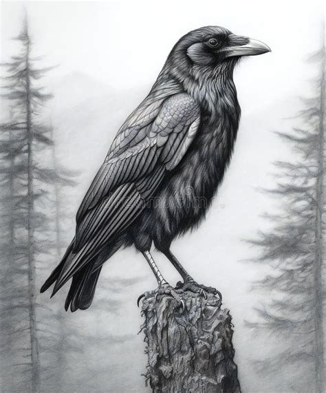 Drawing Of A Crow On A Tree Stump In The Winter Forest Stock Illustration Illustration Of Beak