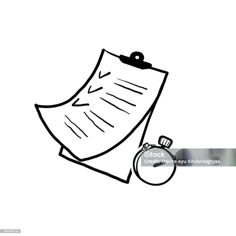 손으로 그린 빠른 서비스 체크 리스트 및 스톱워치 계획 미루기 및 효율성 프로젝트 관리 빠른 설문지 짧은 설문 조사 낙서 가입서에 대한 스톡 벡터 아트 및 기타 이미지