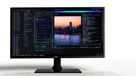 a sleek computer monitor displays a vibrant cityscape at dusk the screen showcases a coding