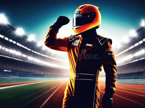 Race Car Driver Celebrating The Win In A Race Against Bright Stadium