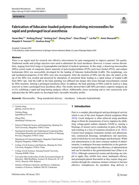 Fabrication Of Lidocaine Loaded Polymer Dissolving Microneedles For Rapid And Prolonged Local
