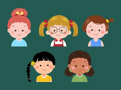 아이들의 얼굴 아바타 어린이 세트는 플랫 스타일로 다른 국적을 가지고 있습니다 프리미엄 벡터