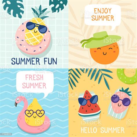 안녕하세요 여름 포스터입니다 재미 있은 과일 선글라스와 열 대 과일에서 파인애플 해변 파티 배너 벡터 일러스트 레이 션 세트