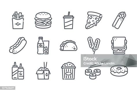 패스트푸드 관련 라인 아이콘 세트입니다 길거리 음식 선형 아이콘 버거 핫도그 및 샌드위치 윤곽 벡터 표지판 및 기호 컬렉션 햄버거에 대한 스톡 벡터 아트 및 기타 이미지