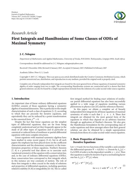 Pdf First Integrals And Hamiltonians Of Some Classes Of Odes Of