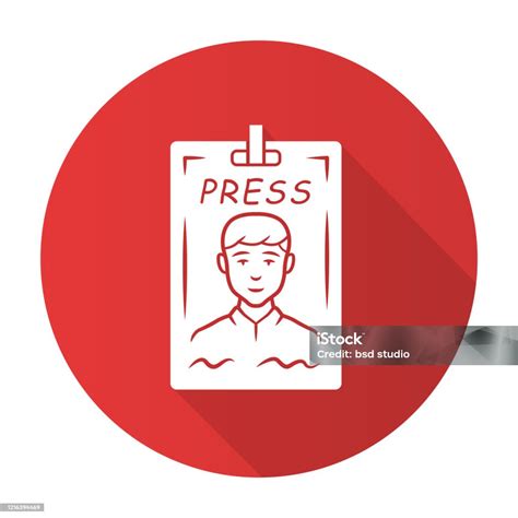 프레스 패스 레드 플랫 디자인 긴 그림자 문표 아이콘입니다 기자 리포터 Id 배지 신분증을 누르고 있습니다 무대 뒤 Vip 입장