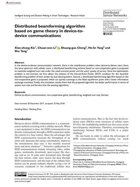 pdf distributed beamforming algorithm based on game theory in device to device communications