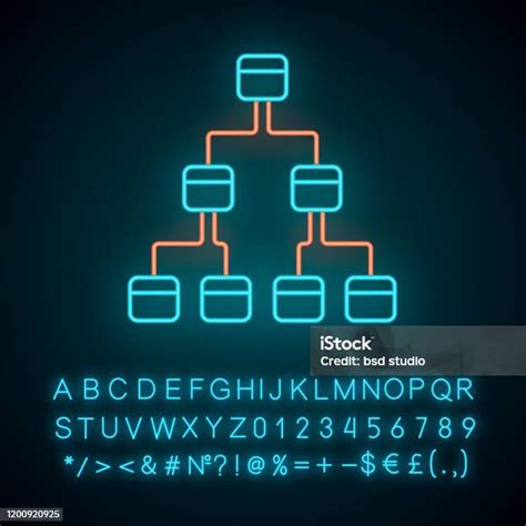 트리 다이어그램 네온 라이트 아이콘입니다 계층 적 시스템 노드 링크 다이어그램 트리 구조입니다 시퀀스 및 제출 알파벳 숫자 및