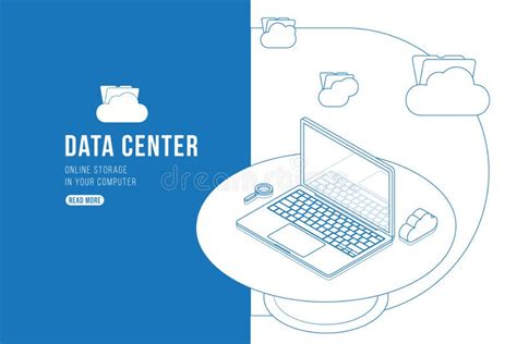 Outline Drawing Data Center Isometric Concept With Online File Storage