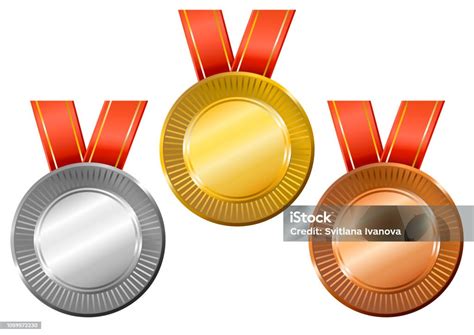 빈 메달 세트입니다 골드 실버 및 브론즈 레드 리본 메달 수상 동전의 빈 경쟁에 대한 스톡 벡터 아트 및 기타 이미지 경쟁 경쟁자 공란 Istock