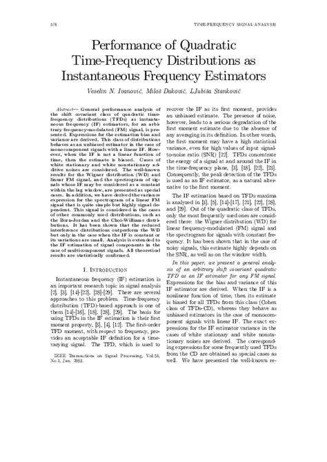 pdf performance of quadratic time~frequency distributions as instantaneous frequency estimators