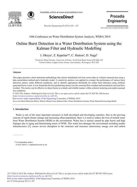 Pdf Online Burst Detection In A Water Distribution System Using The