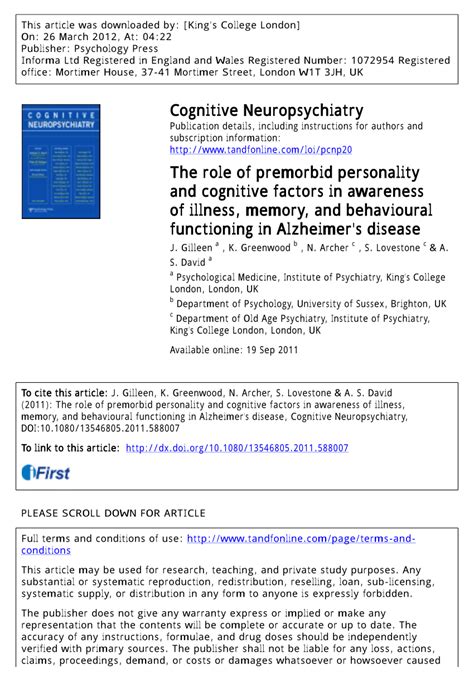 Pdf The Role Of Premorbid Personality And Cognitive Factors In