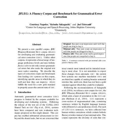 Jfleg A Fluency Corpus And Benchmark For Grammatical Error Correction Acl Anthology