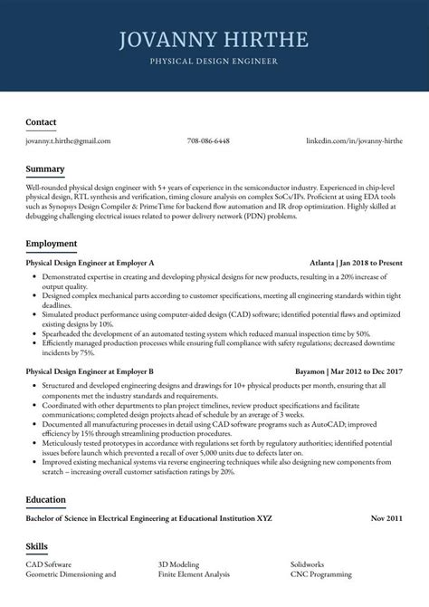 Physical Design Engineer Resume Cv Example And Writing Guide