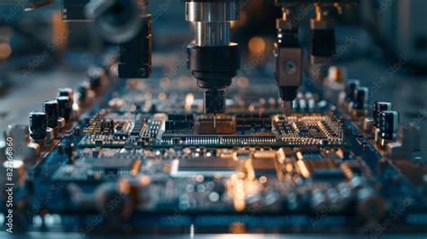 Macro Image Of A Printed Circuit Board On An Assembly Line With An Automated Robot Arm For