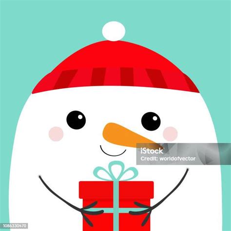 눈사람 머리 얼굴 선물 상자를 들고입니다 빨간 모자입니다 즐거운 성탄절 새해 복 많이 받으세요 귀여운 만화 귀여운 아기