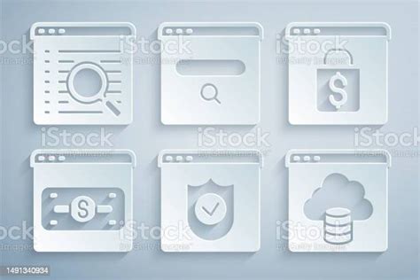 방패가 있는 브라우저 설정 화면에 온라인 쇼핑 클라우드 기술 데이터 전송 검색 엔진 및 아이콘 벡터 0명에 대한 스톡 벡터 아트