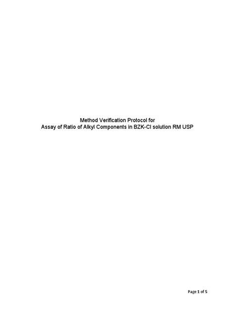 Method Verification Protocol For Usp Method For Assay Of Ratio Of Alkyl Components In Bzk Cl