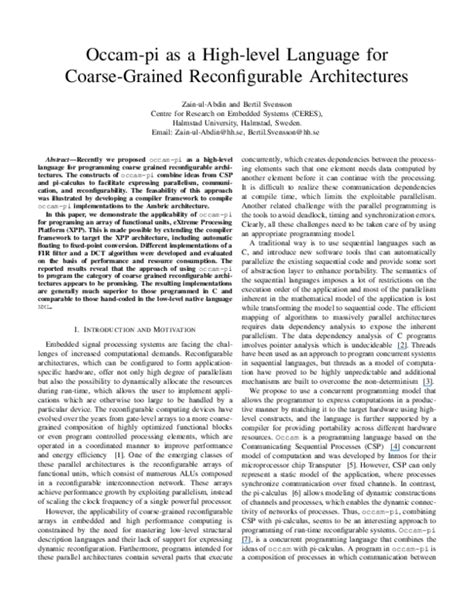 Pdf Occam Pi As A High Level Language For Coarse Grained Reconfigurable Architectures