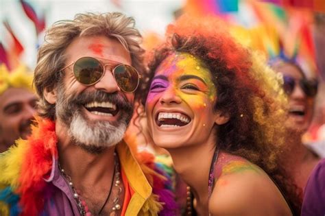 Premium Photo Happy Smiling Couple Celebrating Lgbtq Gay Pride Parade In Sao Paulo Pride Month