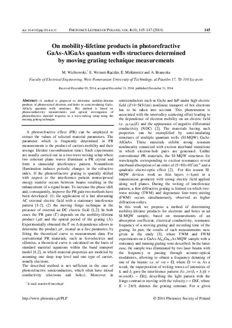 Pdf On The Mobility Lifetime Products In Photorefractive Gaas Algaas Quantum Wells Structures