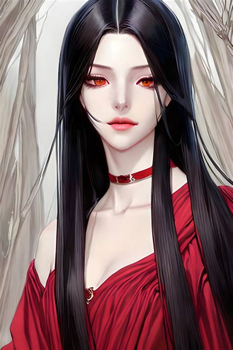 A Woman With Long Black Hair And Red Eyes Wearing A Red Dress In Front Of Trees