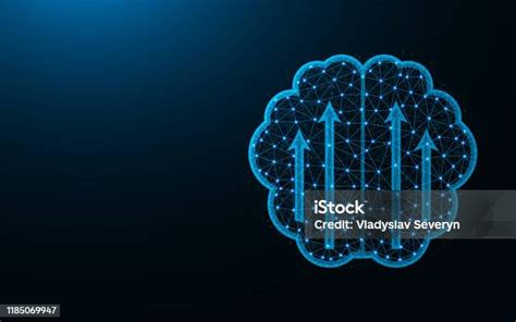 증가 된 뇌 활동 낮은 폴리 디자인 화살표 추상 기하학적 이미지 어두운 파란색 배경에 포인트와 선으로 만든 와이어 프레임 메쉬