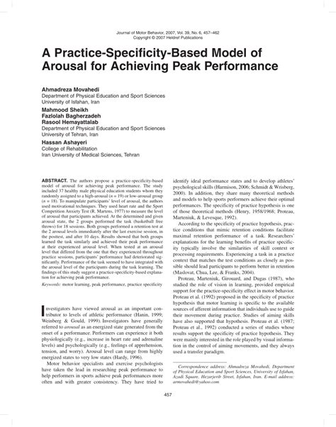 Pdf A Practice Specificity Based Model Of Arousal For Achieving Peak