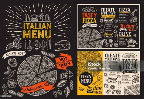 피자 레스토랑 메뉴입니다 에 대 한 벡터 음식 전단지 바와 카페 칠판에 빈티지 손으로 그린 삽화와 함께 서식 파일을 디자인