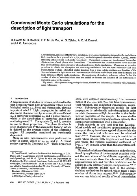 Pdf Condensed Monte Carlo Simulations For The Description Of Light Transport