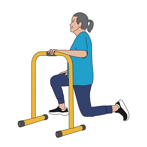 Senior Woman Assisted Lunge Exercise Parallel Bar Training For Mobility Balance And Legs