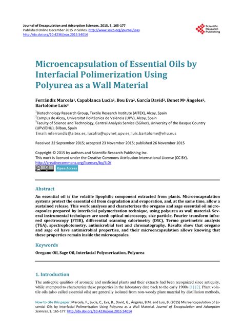 Pdf Microencapsulation Of Essential Oils By Interfacial Polimerization Using Polyurea As A