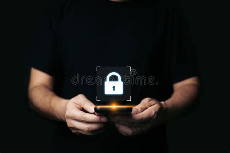 Cyber Security Concept Man Hand Holding Smartphone Protection Network With Lock Icon And