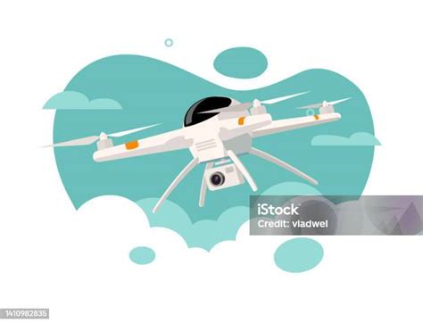 드론 Uav 쿼드 로터 벡터 하늘에서 사진 및 비디오 감시 기술 또는 쿼드 콥터 항공기와 함께 비행 현대 그래픽 기술 일러스트 레이 션 플랫 만화 이미지 감시에 대한 스톡