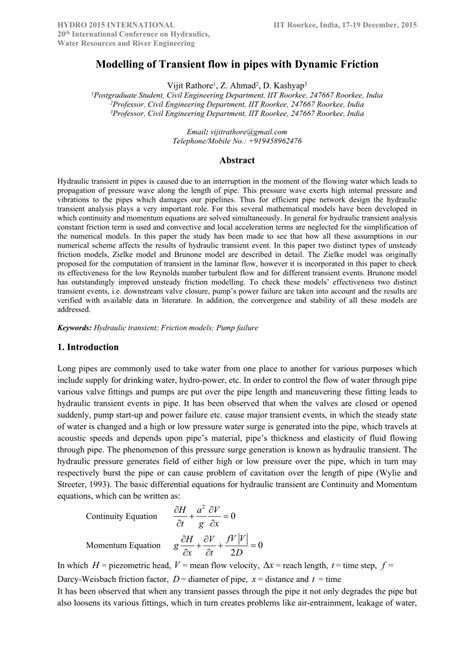 Pdf Modeling Of Transient Flow In Pipes With Dynamic Friction