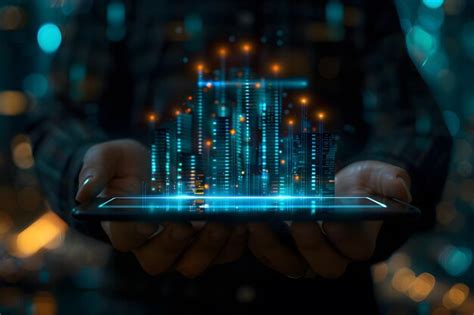 Digital Data Visualization Hands Holding A Tablet With Vibrant Graphs And Lights Premium Ai