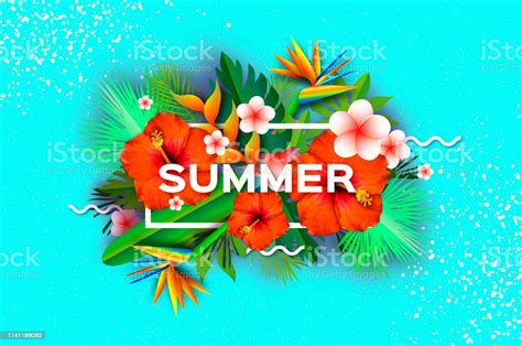 레드 히 비 스커 스 꽃 열 대 여름 종이 컷 아트에서 야자수 잎 식물 프랑 지 파 니플 루 메리 아 새의 낙원 사각형