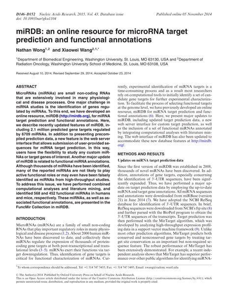 Pdf Mirdb An Online Resource For Microrna Target Prediction And