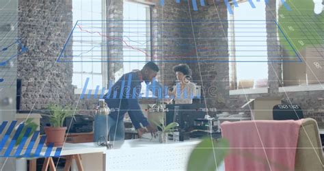 Animation Of Charts Processing Data Over Diverse Colleagues Unpacking At Casual Office Stock