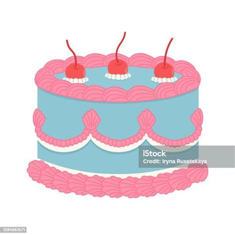 복고풍 스타일의 크림과 체리를 곁들인 케이크 손으로 그린 트렌디한 벡터 그림은 흰색 배경에 분리되어 있다 파티 생일 디자인 요소 복고풍에 대한 스톡 벡터 아트 및 기타